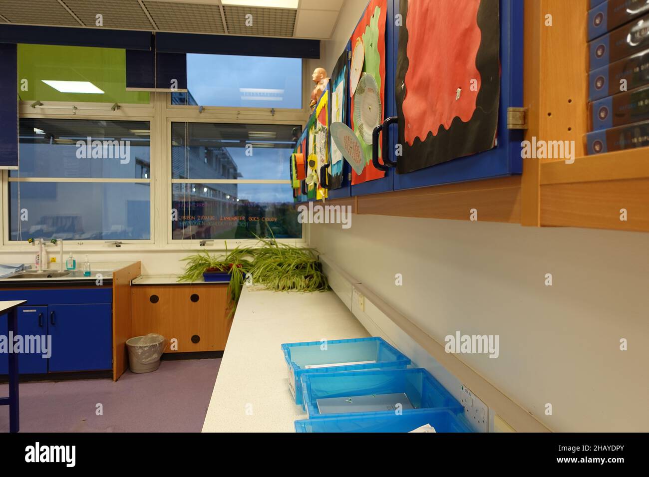 Science lab with colorful shelves and equipment for chemical and ...