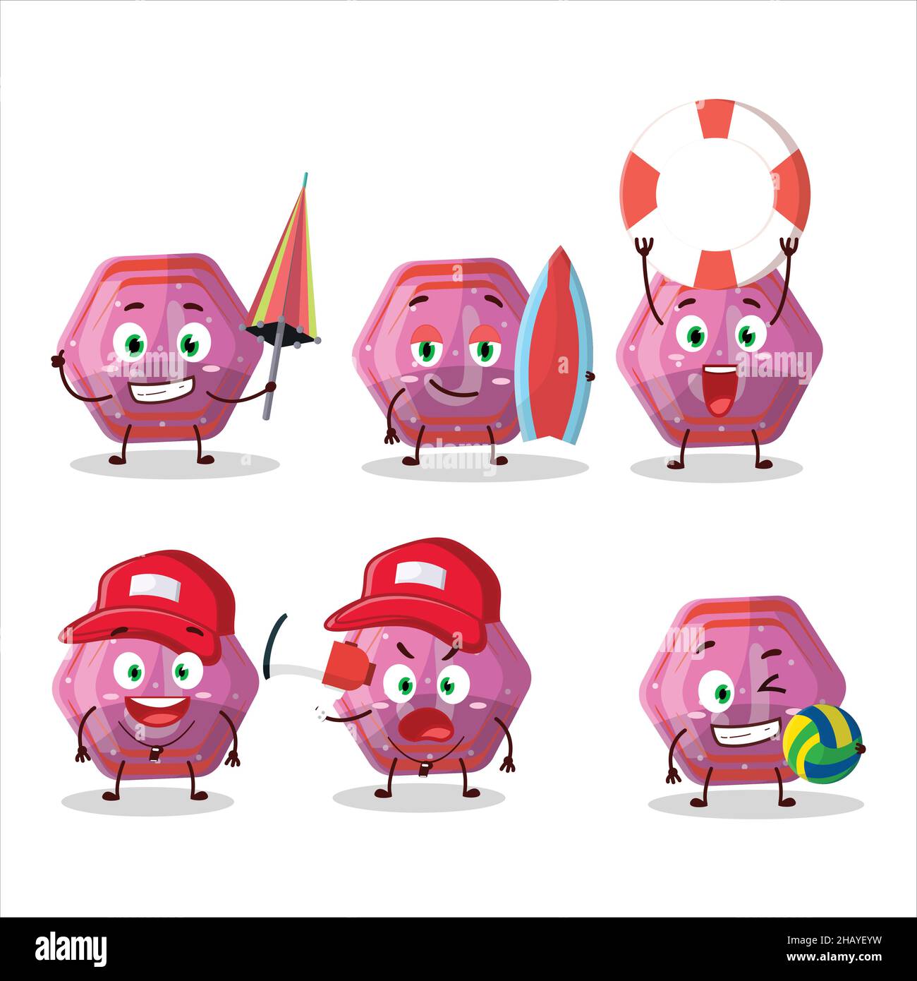 Happy Face pink gummy candy j cartoon character playing on a beach ...