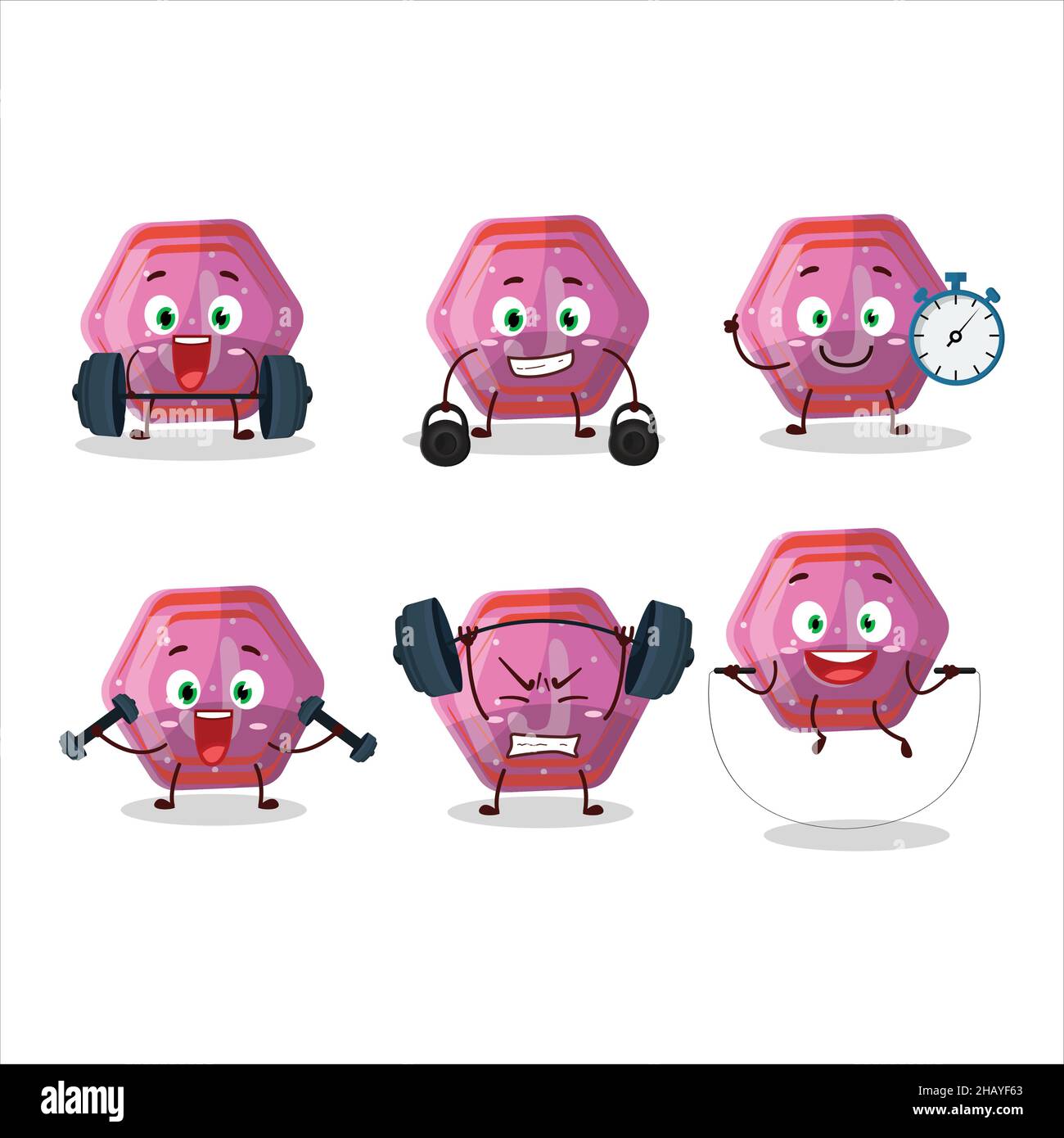 A healthy pink gummy candy j cartoon style trying some tools on Fitness ...