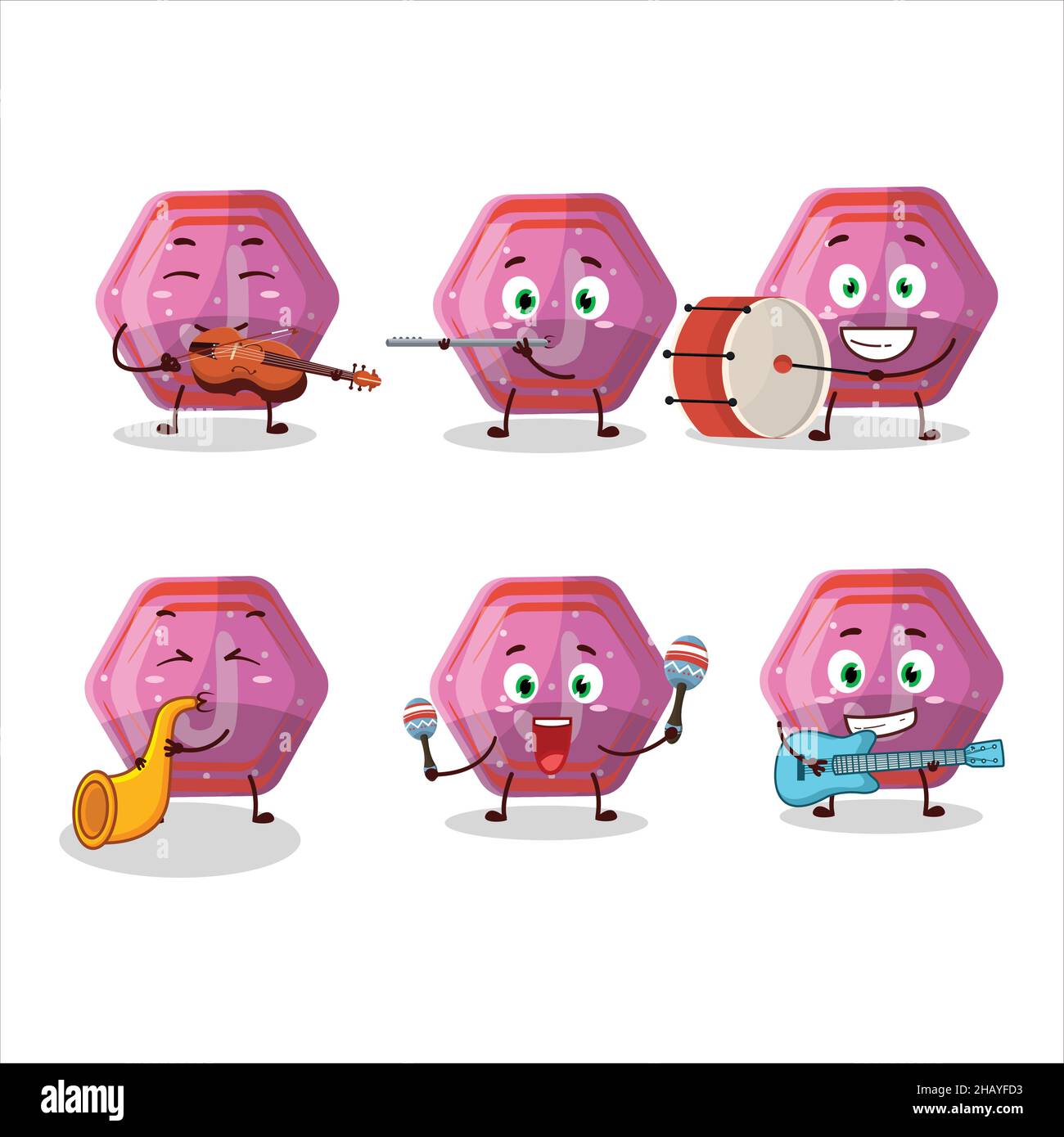 Cartoon character of pink gummy candy j playing some musical ...