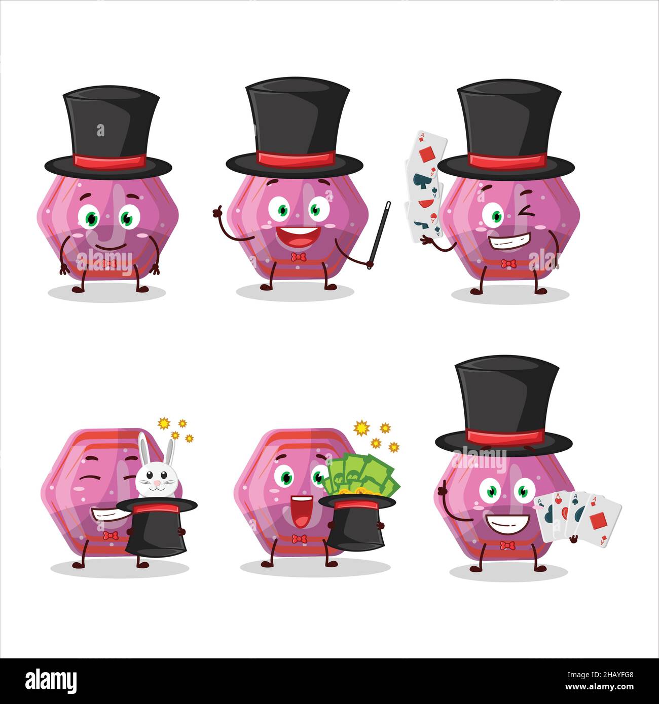 A pink gummy candy j Magician cartoon character perform on a stage ...