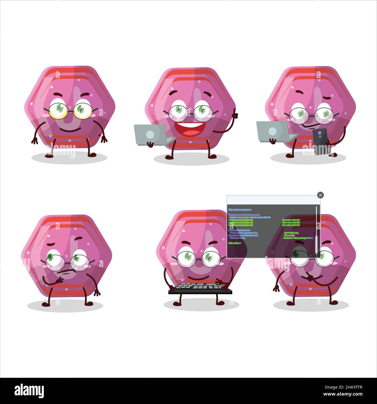 Pink gummy candy j Programmer cute cartoon character with. Vector ...