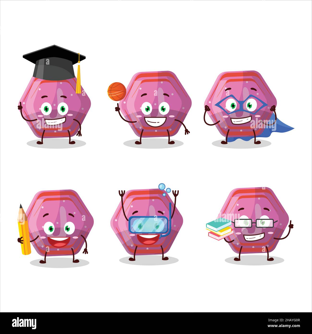 School student of pink gummy candy j cartoon character with various ...