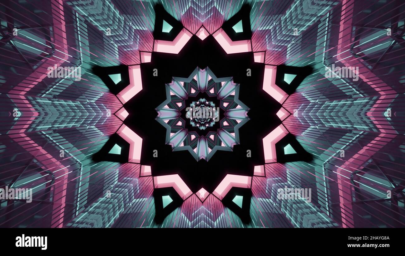 3D rendering of futuristic kaleidoscopic patterns background in pink ...
