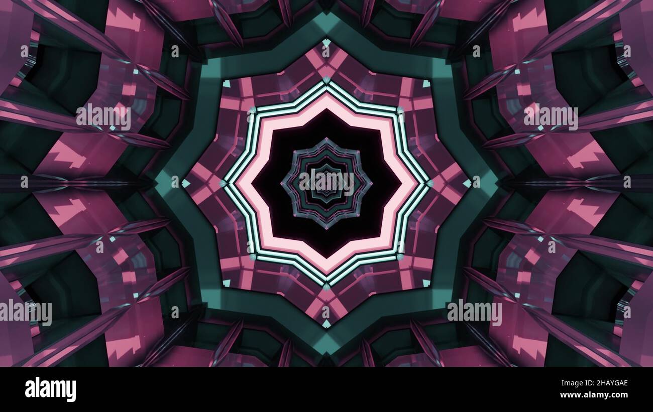 3D rendering of futuristic kaleidoscopic patterns background in pink ...