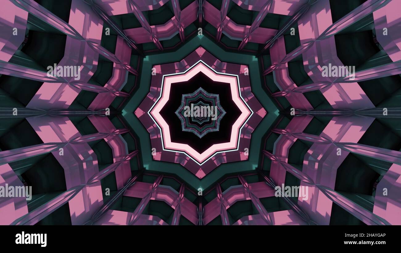 3D rendering of futuristic kaleidoscopic patterns background in pink ...