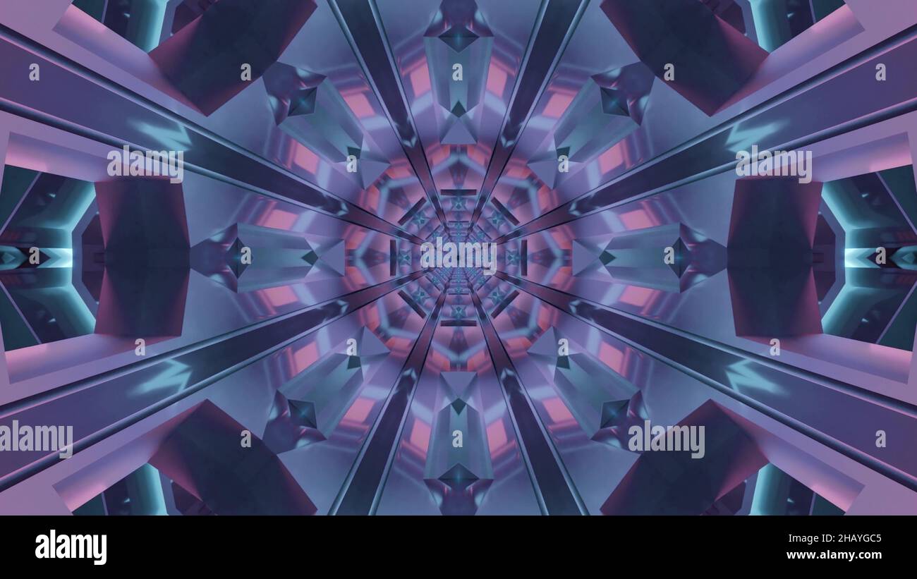 3D rendering of futuristic kaleidoscopic patterns background in vibrant blue and purple colors ...