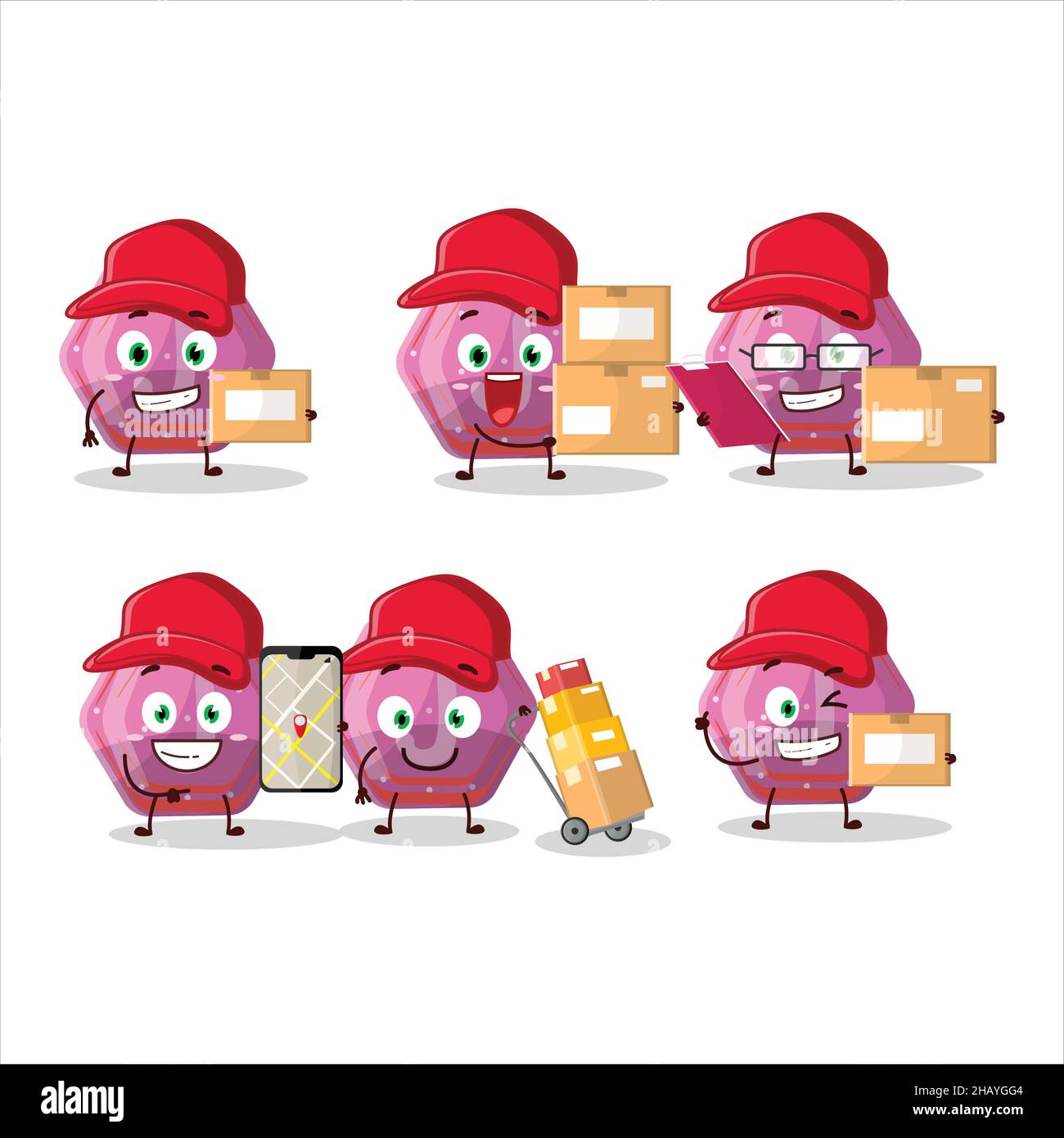Cartoon character design of pink gummy candy j working as a courier ...