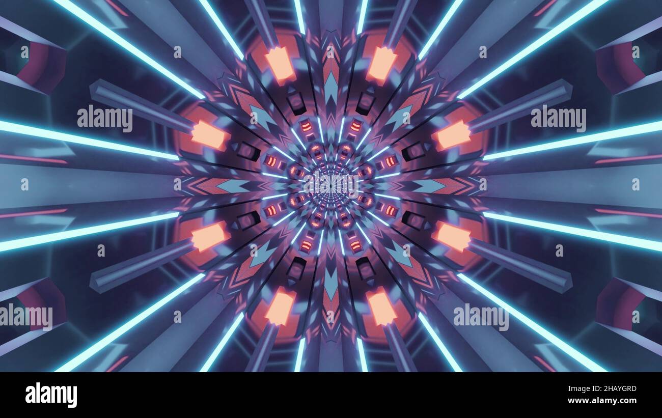 3D rendering of futuristic kaleidoscopic patterns background in vibrant blue and white colors ...