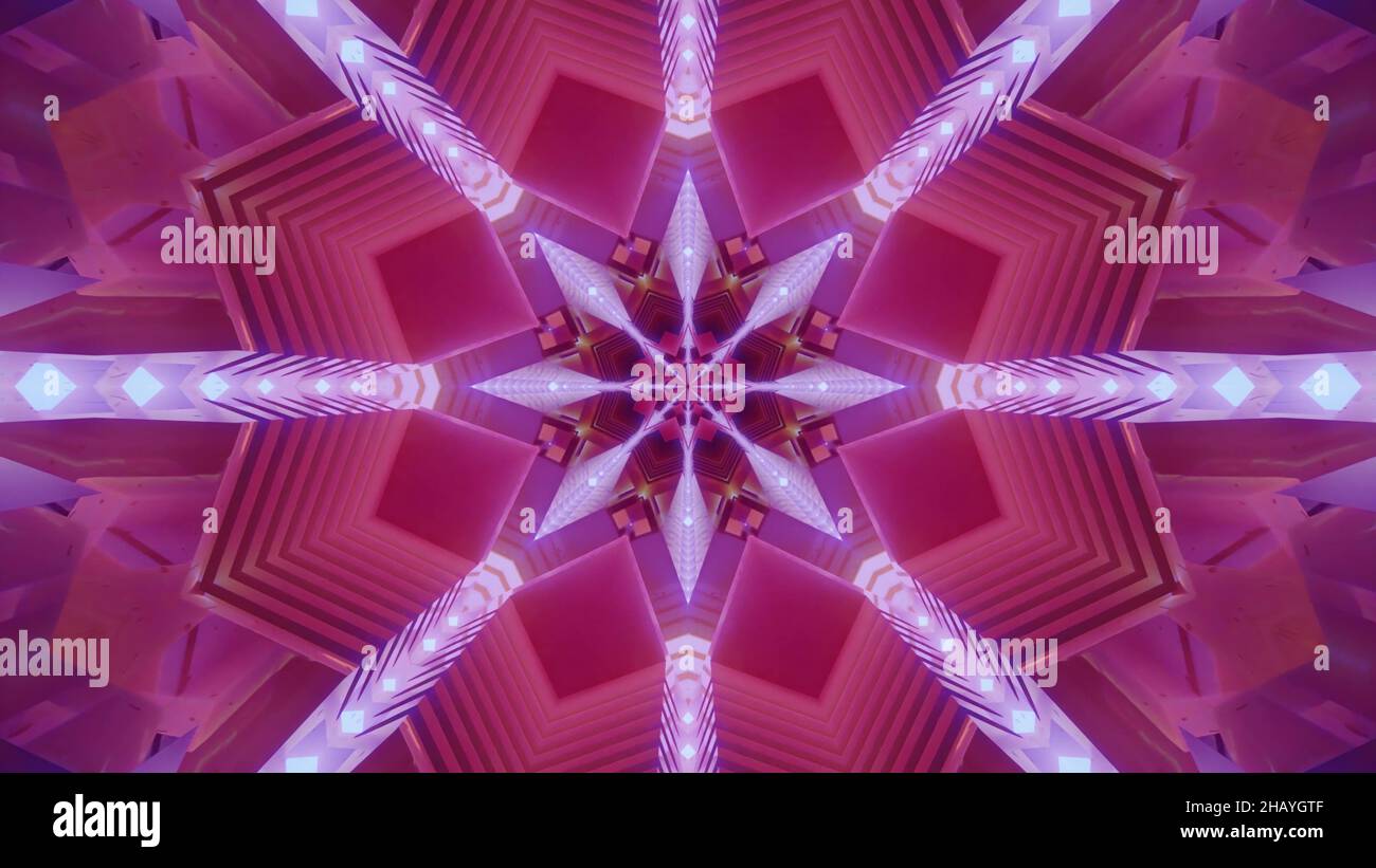 3D rendering of futuristic kaleidoscopic patterns background in vibrant pink and purple colors ...