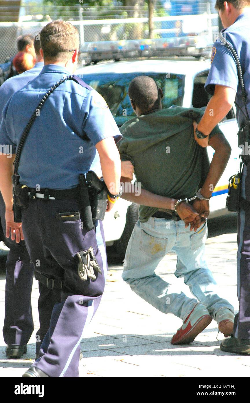 Rear view of a male arrested by policemen Stock Photo - Alamy
