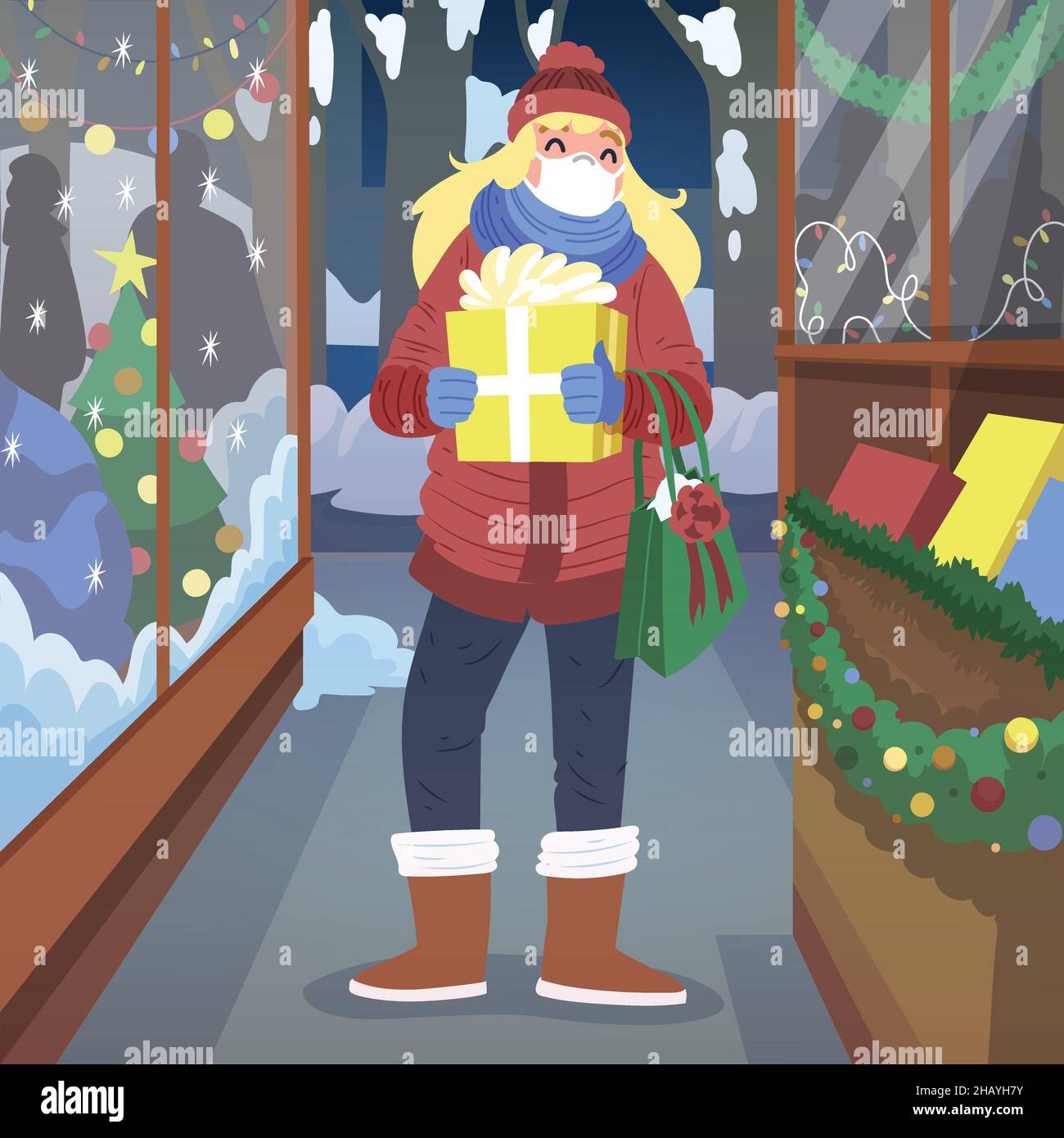 christmas shopping scene wearing masks vector design illustration Stock ...