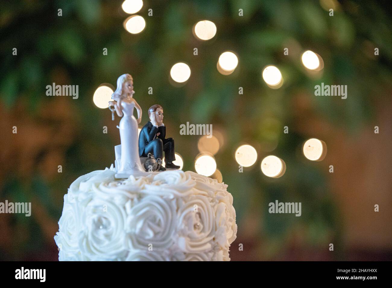 Bride and Groom Cake topper on four layer cake with bokeh christmas ...