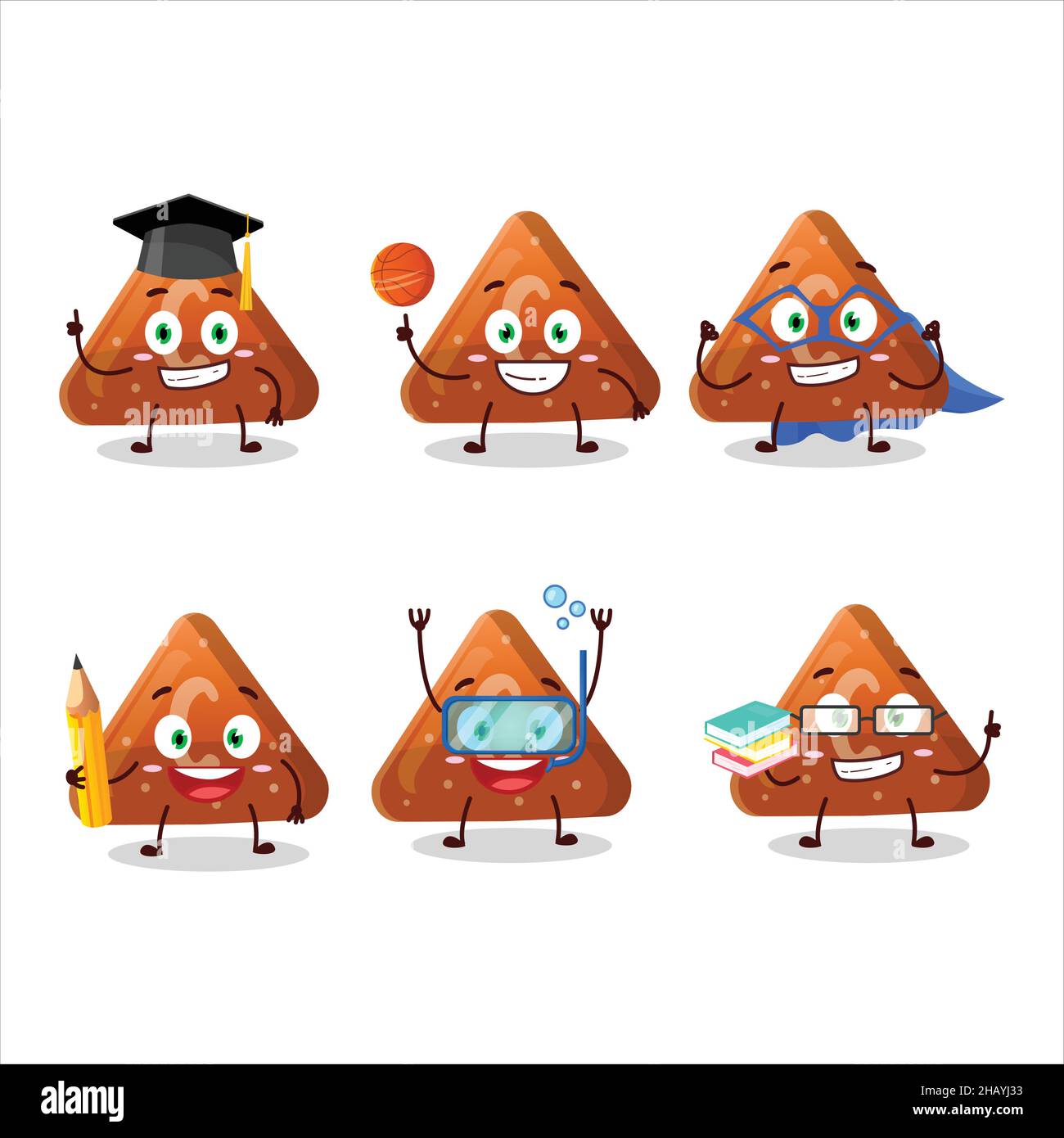 School student of orange gummy candy C cartoon character with various ...
