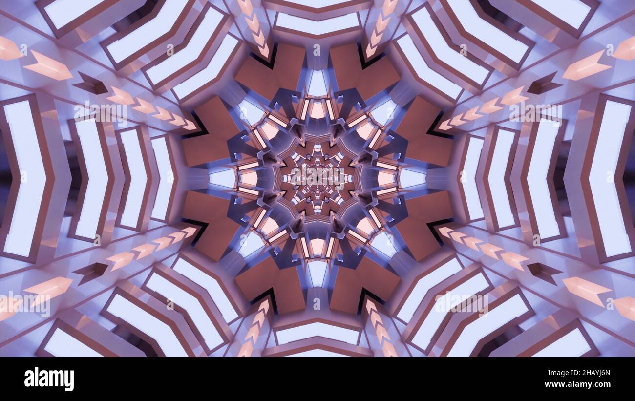 3D rendering of futuristic kaleidoscopic patterns background in vibrant blue and white colors ...