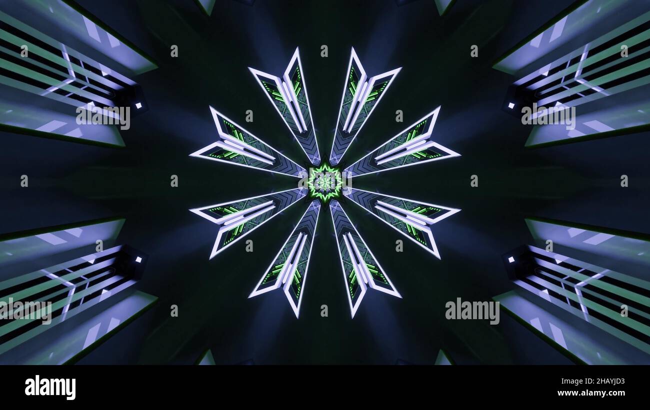 3D rendering of futuristic kaleidoscopic patterns background vibrant in blue and white colors ...