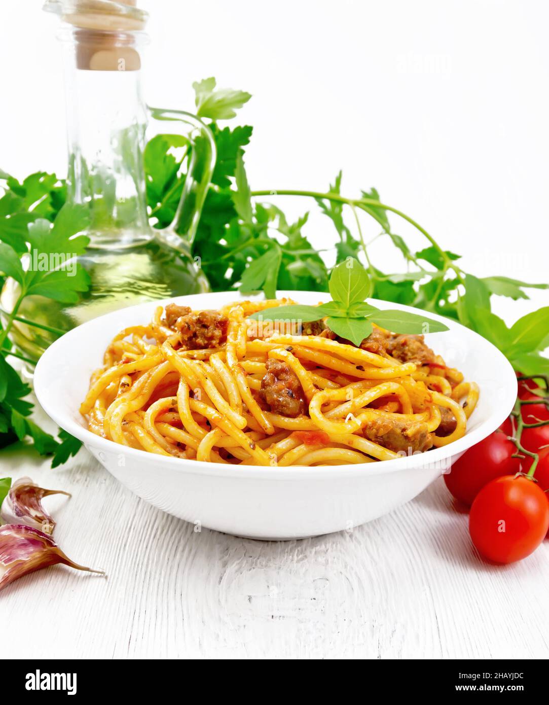 Spaghetti pasta with sauce Bolognese of minced meat, tomato juice ...