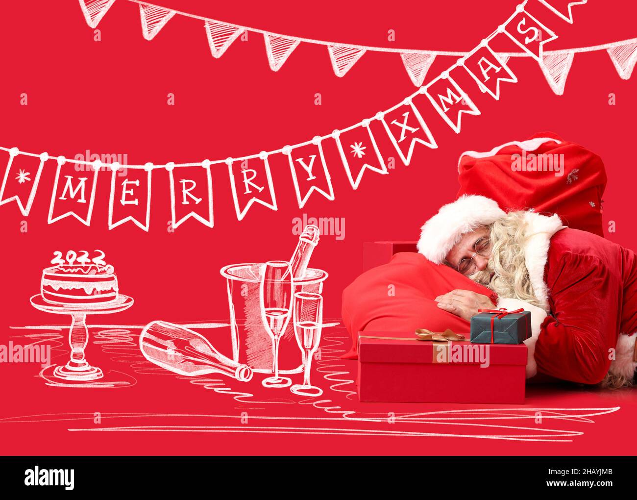 Santa Claus with bags and presents sleeping after Christmas party on ...