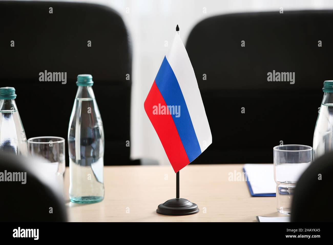Russian flag on table in conference room Stock Photo - Alamy