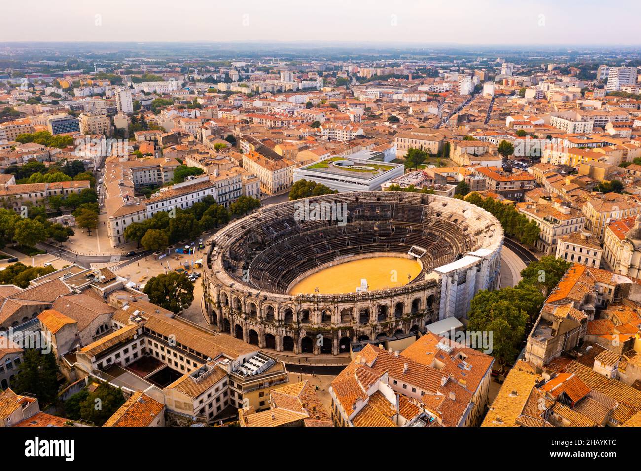 Aerial view of historical area of Nimes overlooking Roman amphitheatre ...