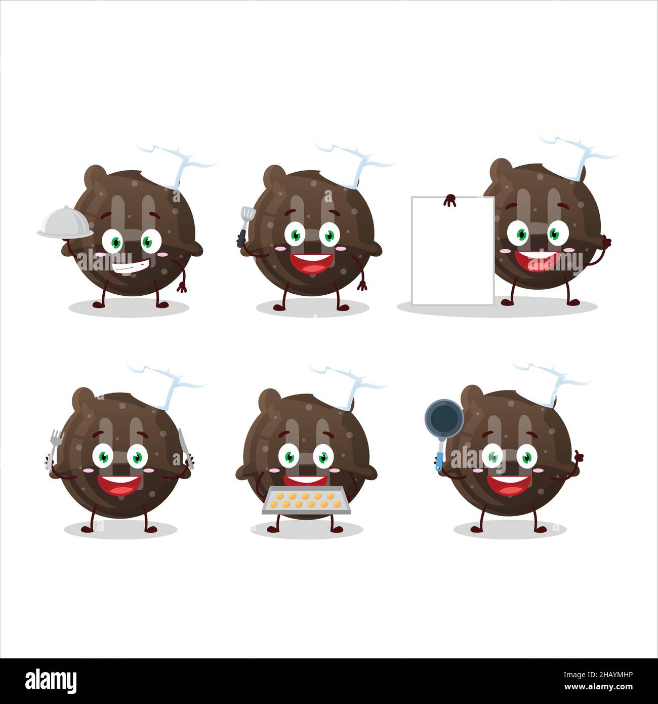 Cartoon character of chocolate gummy candy H with various chef ...