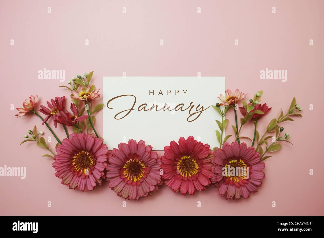 Happy January typography text with flowers on pink background Stock ...