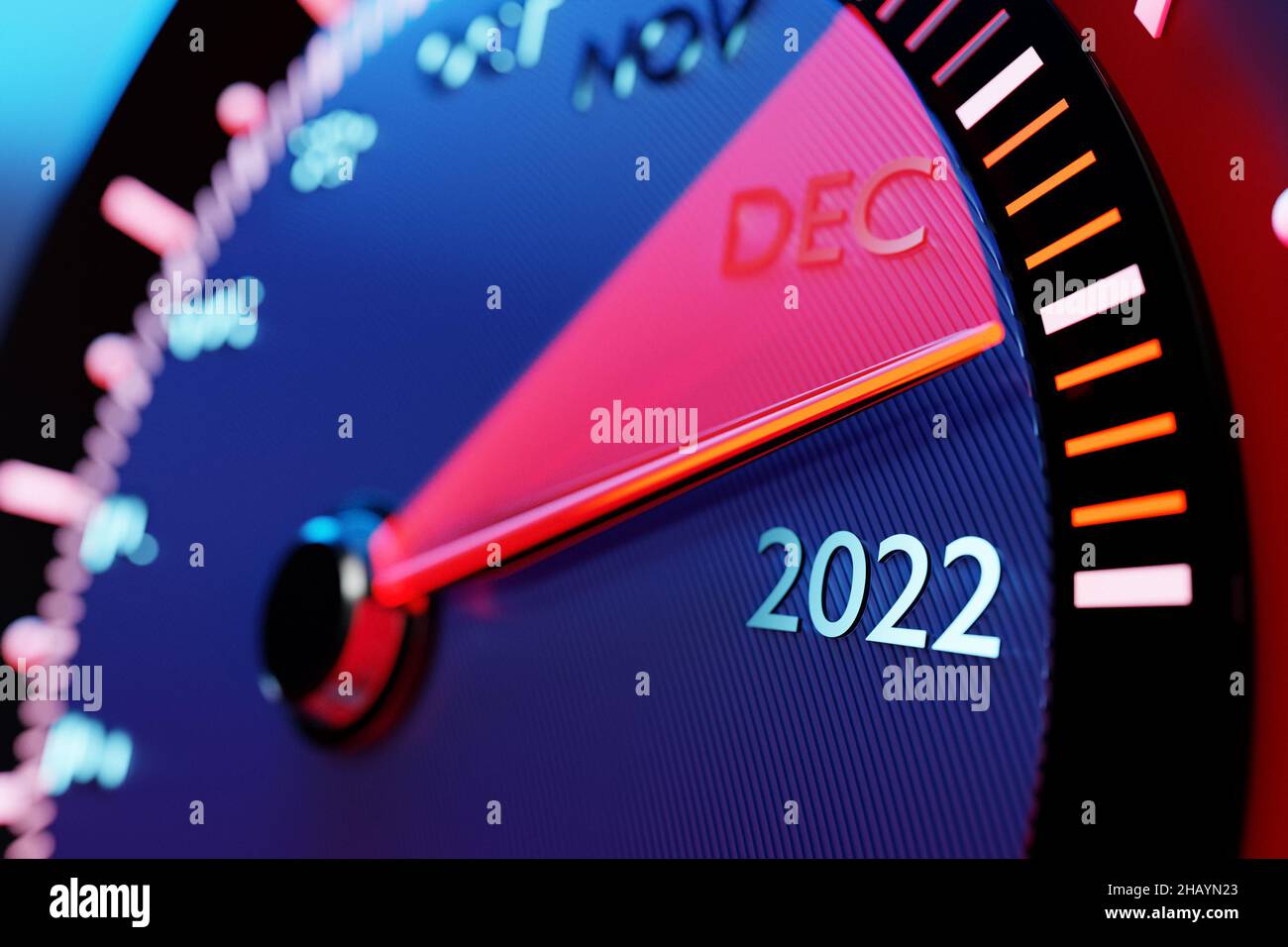 3D illustration of a detailed speedometer close-up showing the end of ...