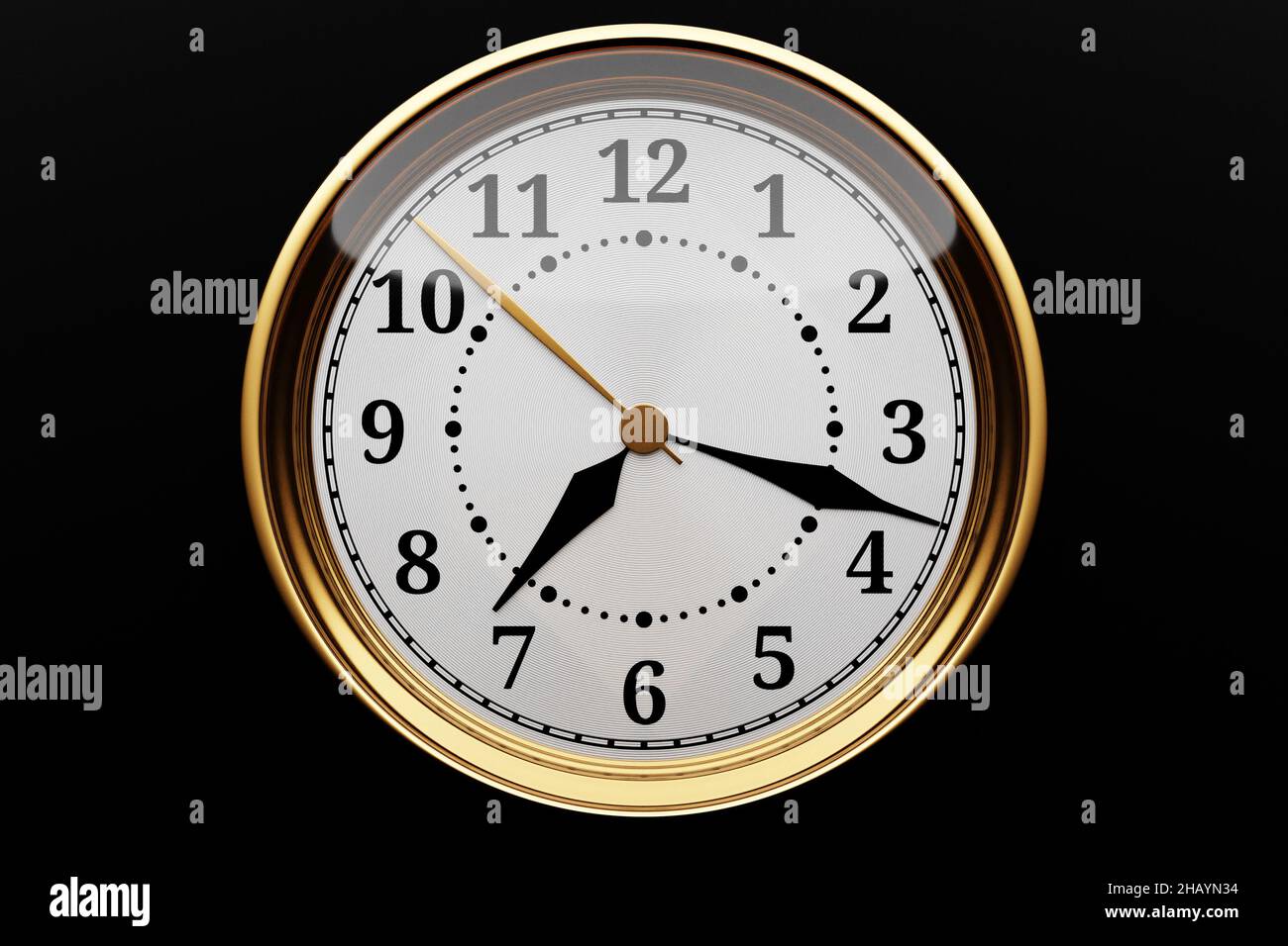 3d illustration of a round gold clock with numbers on black isolated ...