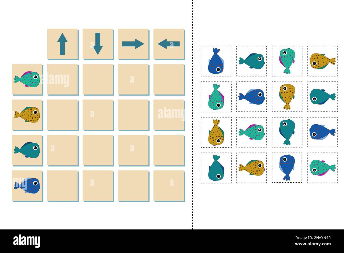 Match the pictures of fishes and directions up, down, left and right ...