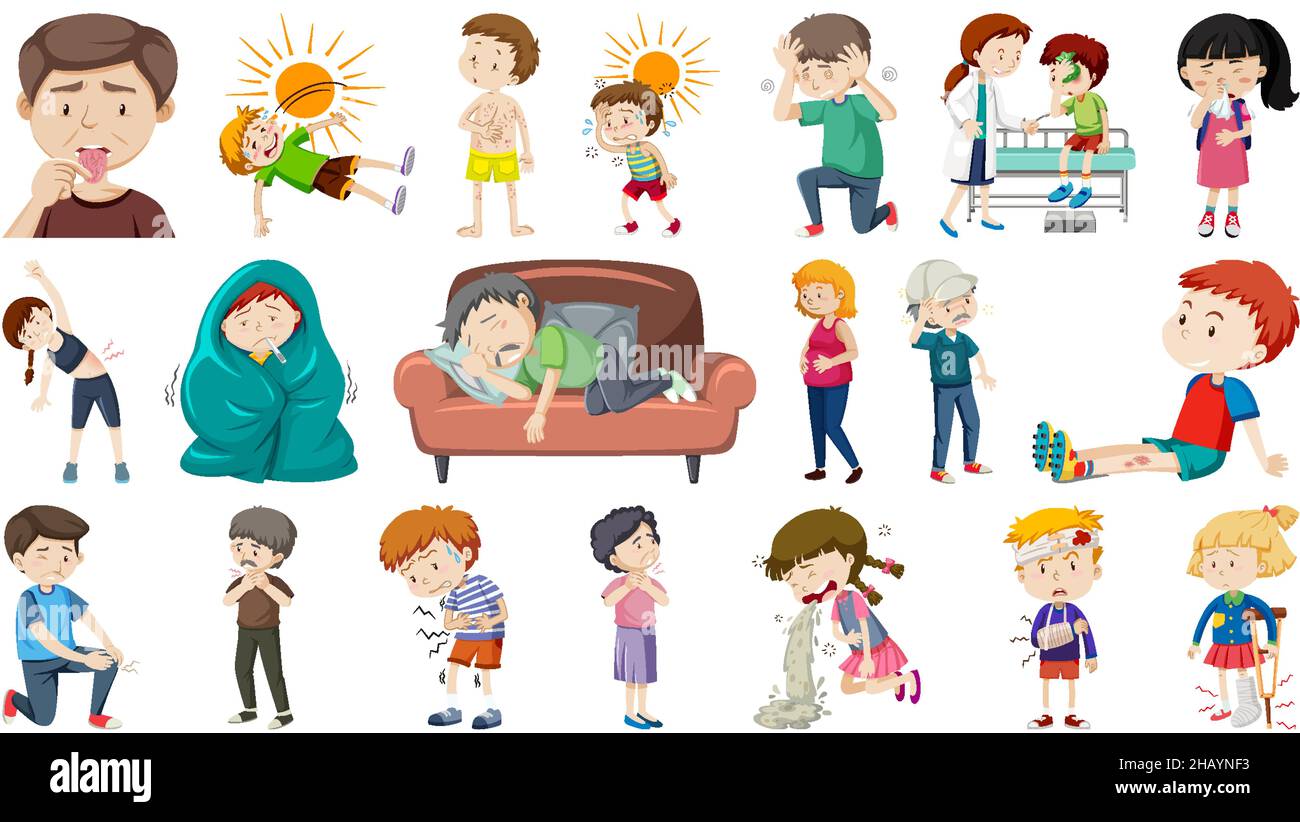Set of sick people with different symptoms illustration Stock Vector ...