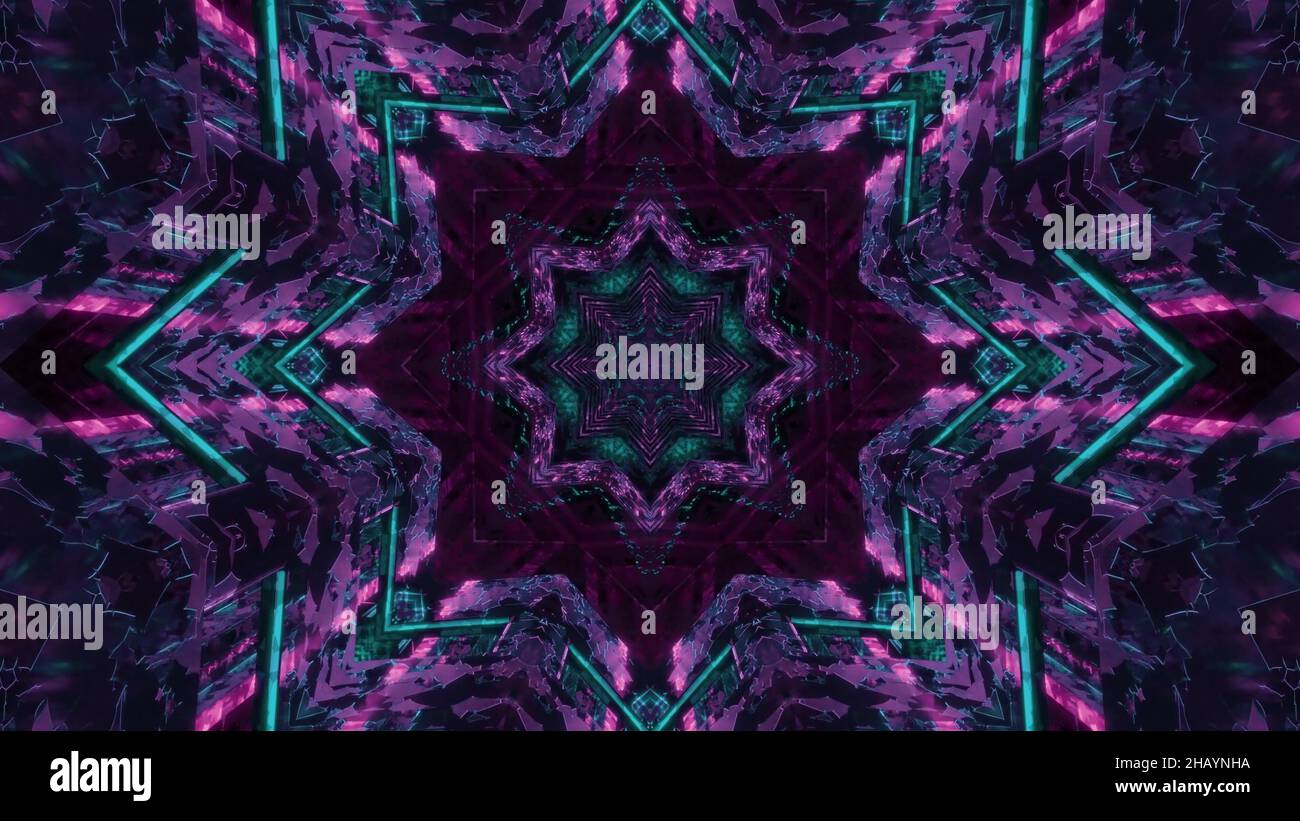 3D rendering of futuristic kaleidoscopic patterns background in dark ...