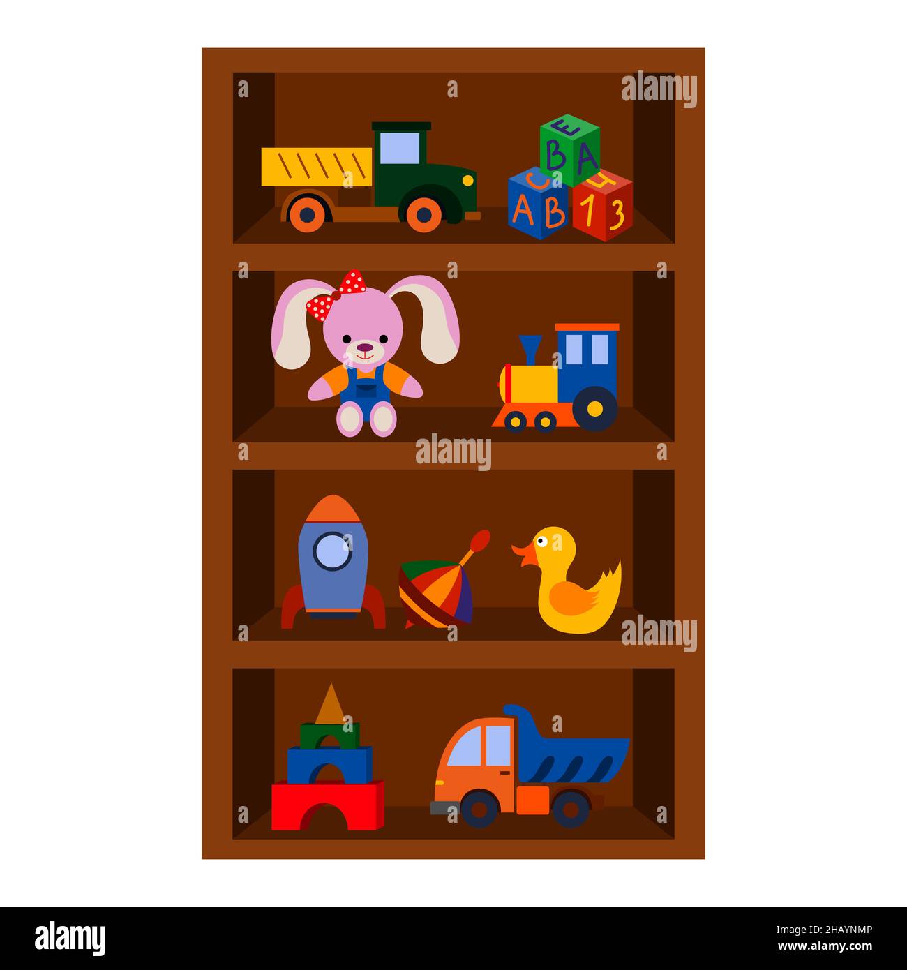 Different toys on a shelf, a cabinet with toys, vector isolated on a ...