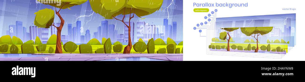 City park with green lawn, trees and walkway in rain. Vector parallax ...