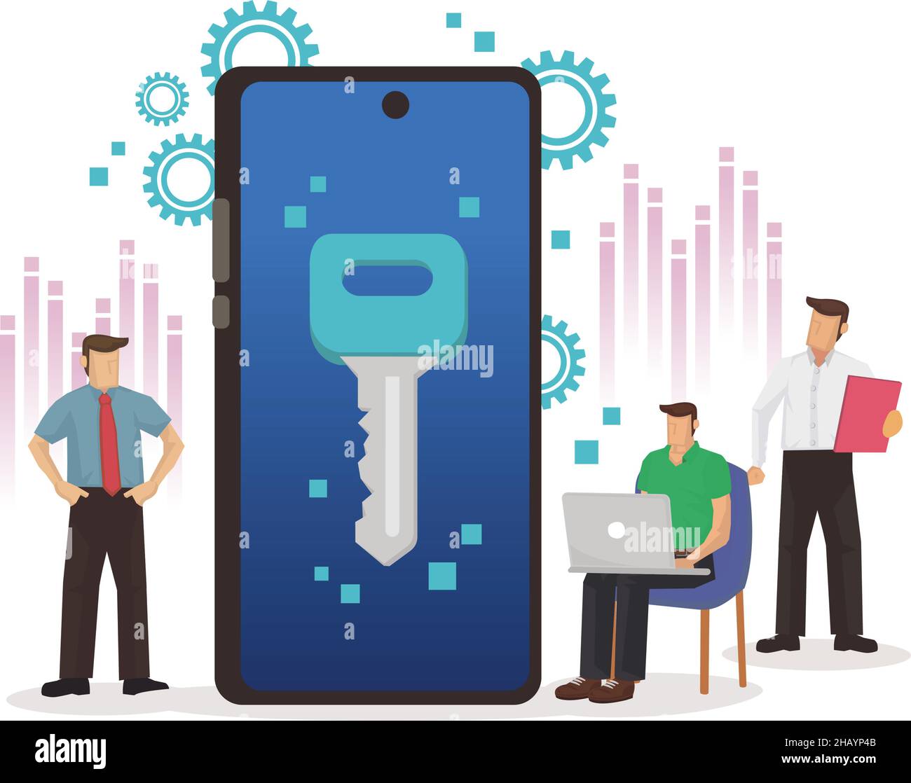 Security concept with a key on a mobile phone with businessmen surround ...