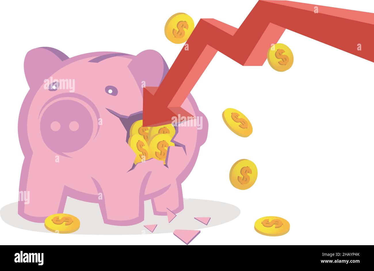 Broken piggy bank by a red arrow. Concept of economic collapse ...