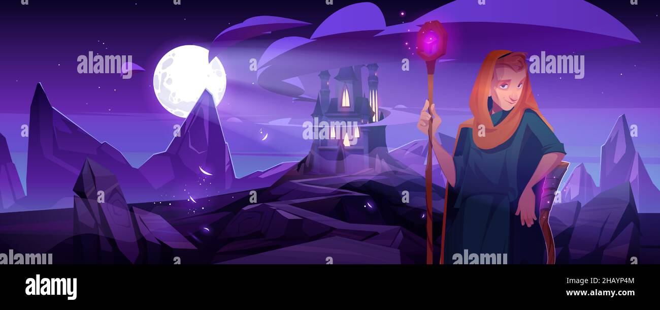 Wizard with magic staff stand at night landscape with fantasy castle ...