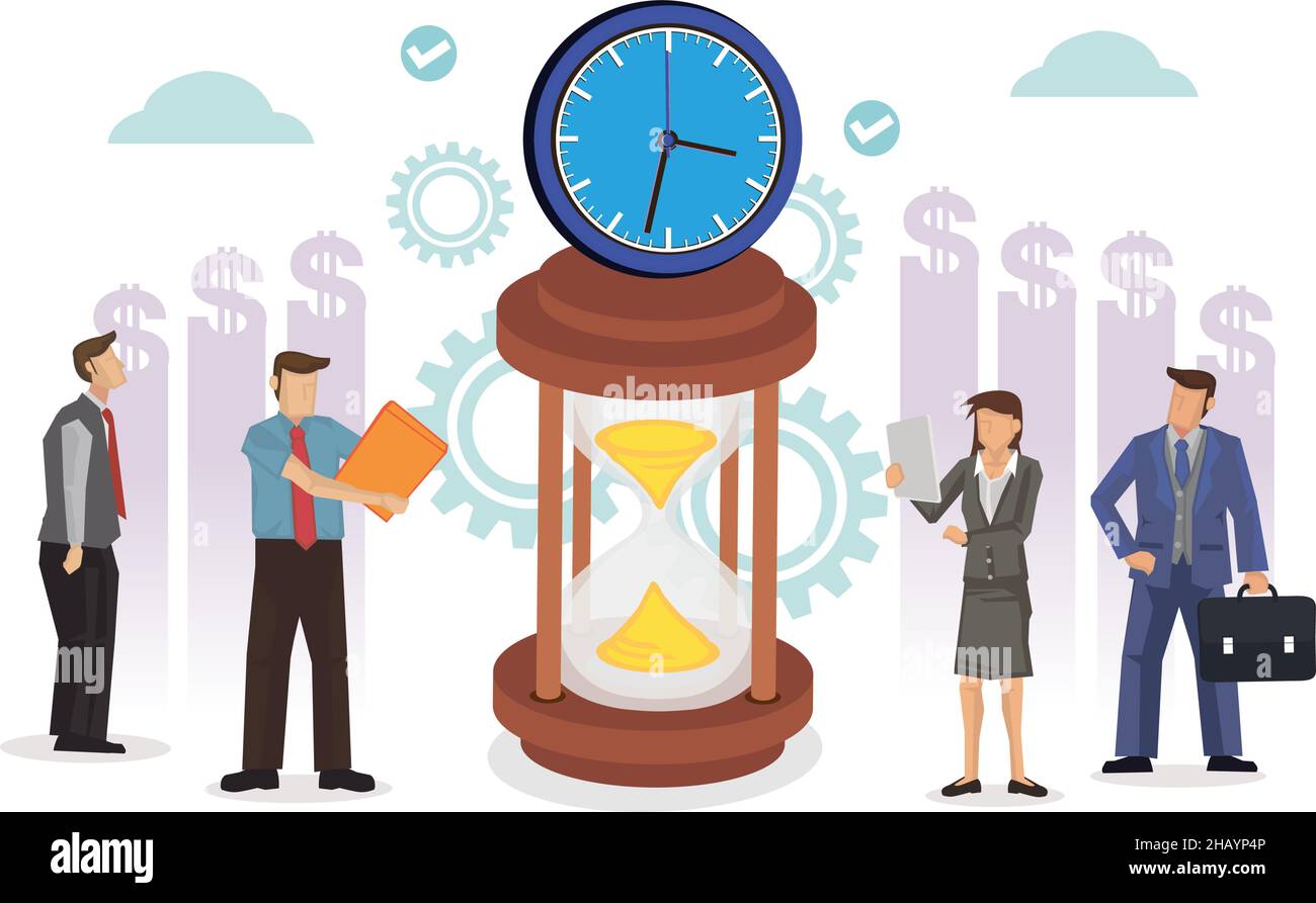 Businessmen with clock and hourglass on white background. Concept of ...