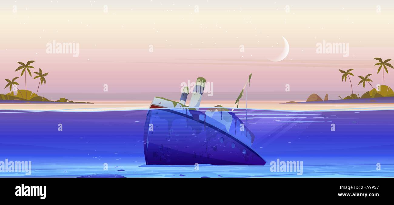 Wreck ship, sunken steamboat with pipes lying on ocean sandy bottom ...