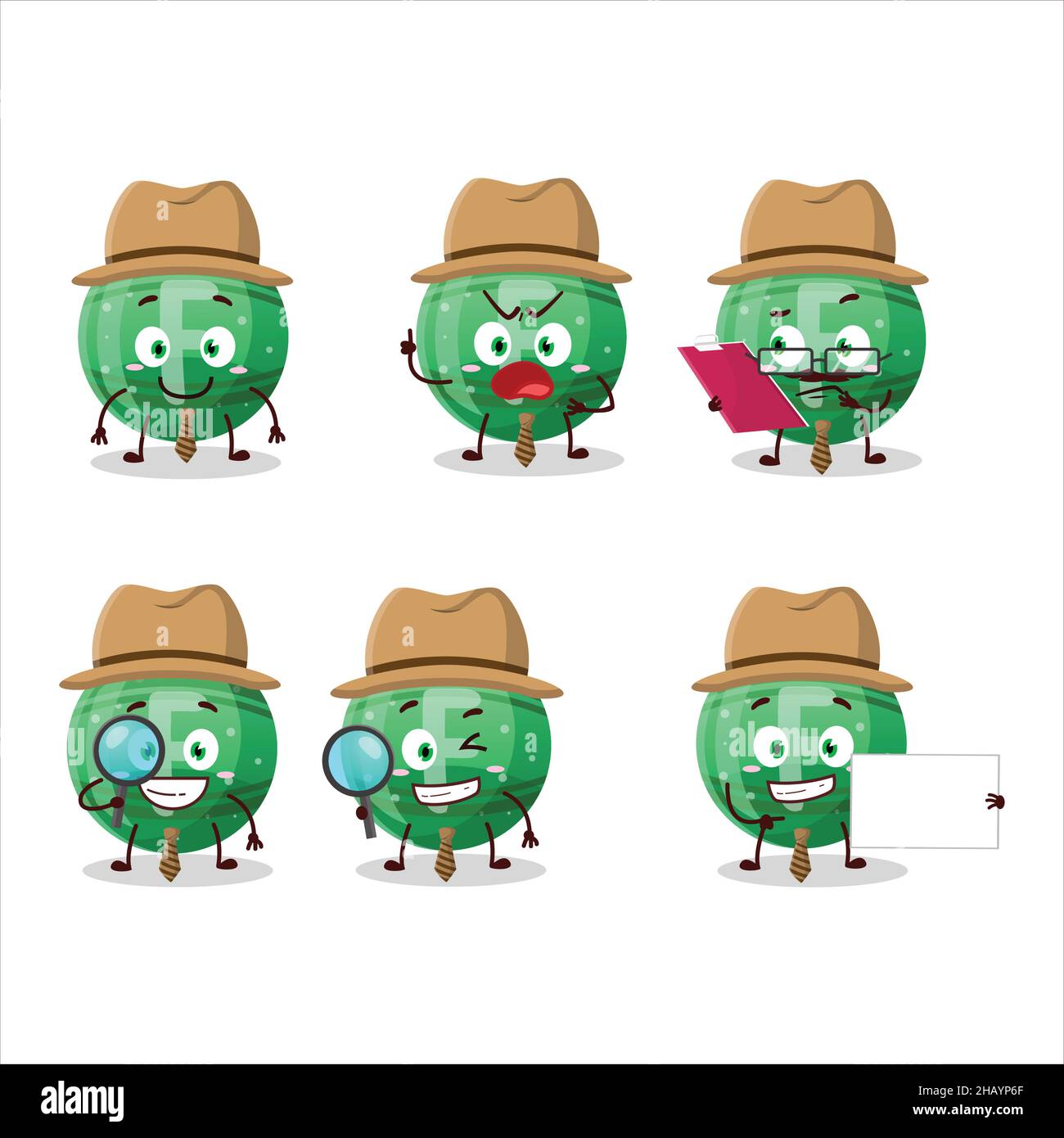 Detective green gummy candy F cute cartoon character holding magnifying ...