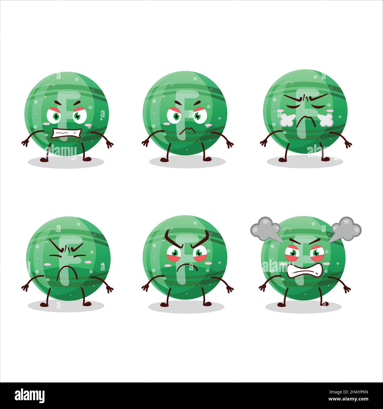 Green gummy candy F cartoon character with various angry expressions ...