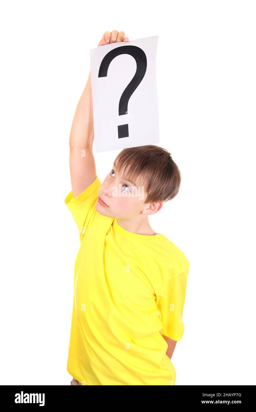 Kid holding a Paper with Question Mark on the White Background Stock ...