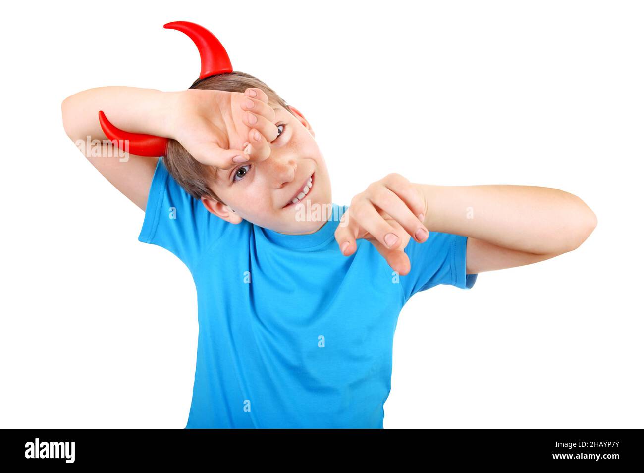 Sly Kid with Devil Horns on the Head Isolated on the White Background ...