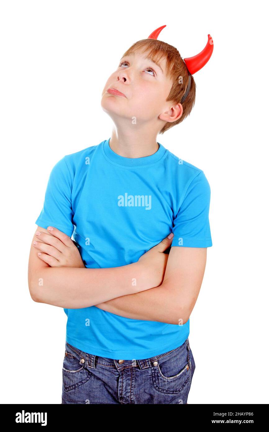 Kid with Devil Horns thinking Isolated on the White Background Stock ...
