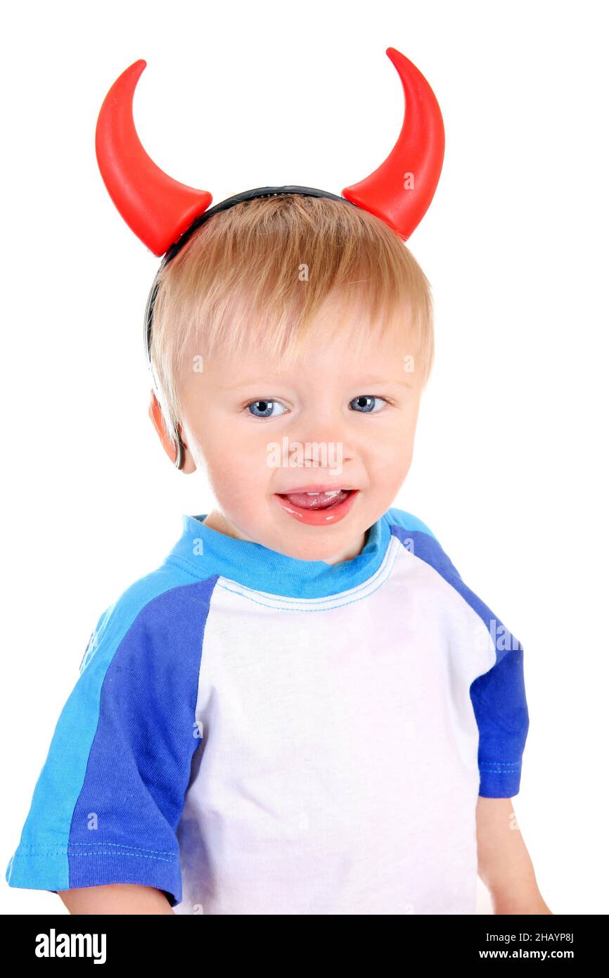 Baby Boy with Devil Horns on the Head Isolated on the White Background ...