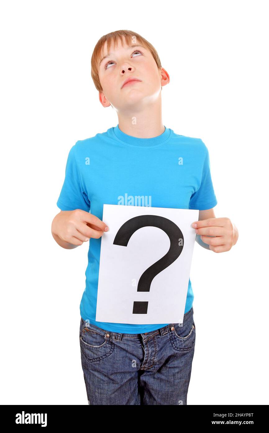 Kid holding a Paper with Question Mark and thinking on the White ...