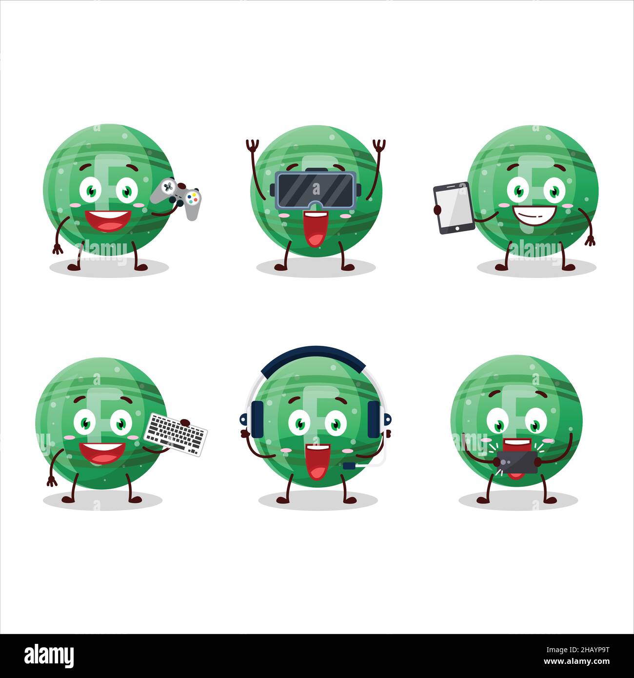 Green gummy candy F cartoon character are playing games with various ...