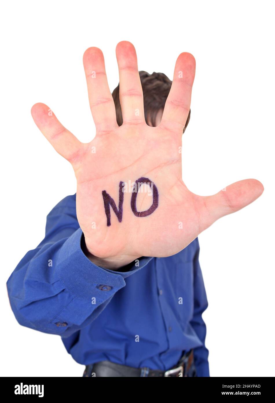 Person shows the palm gesture with an inscription NO Isolated on the ...