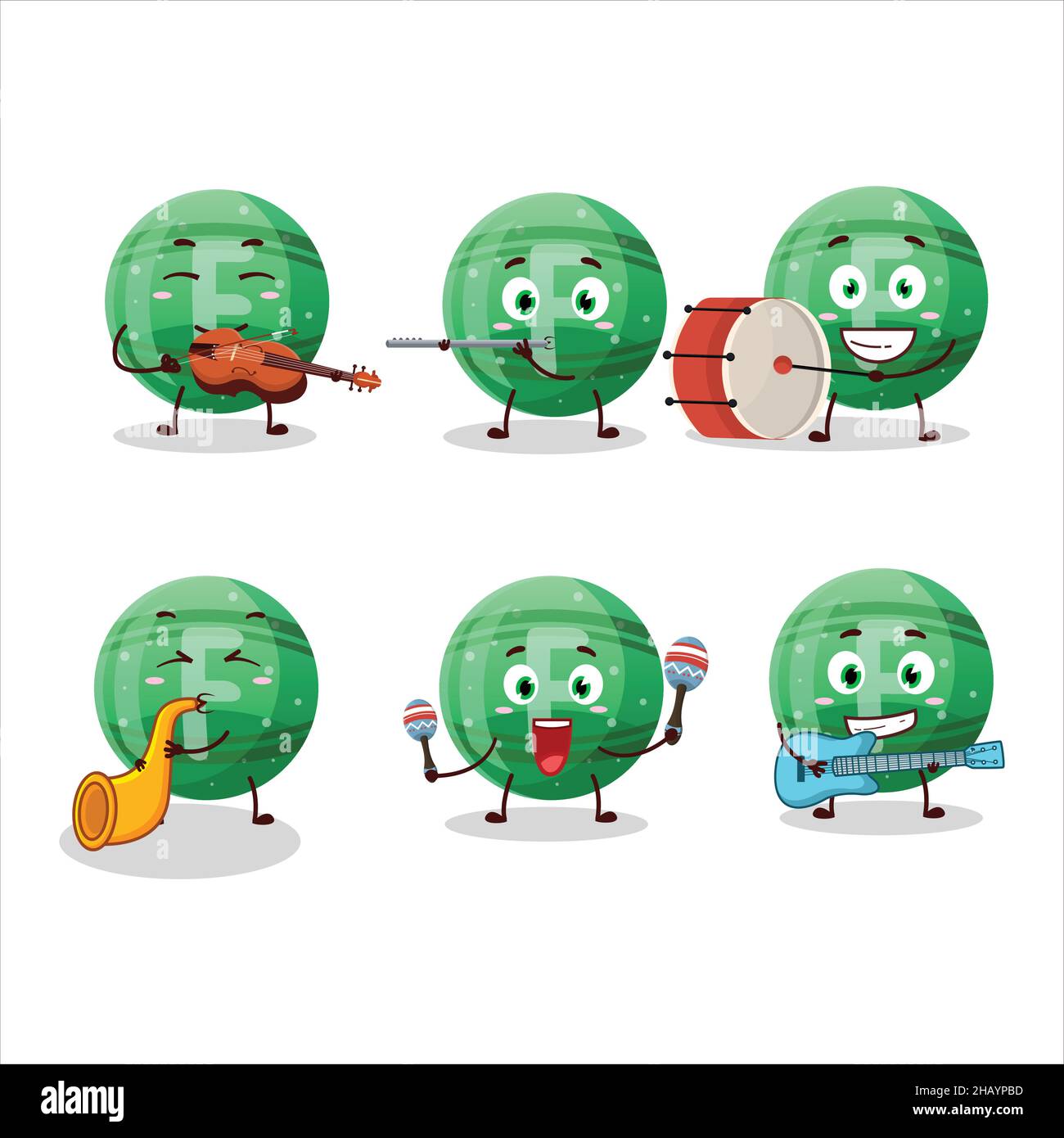 Cartoon character of green gummy candy F playing some musical ...