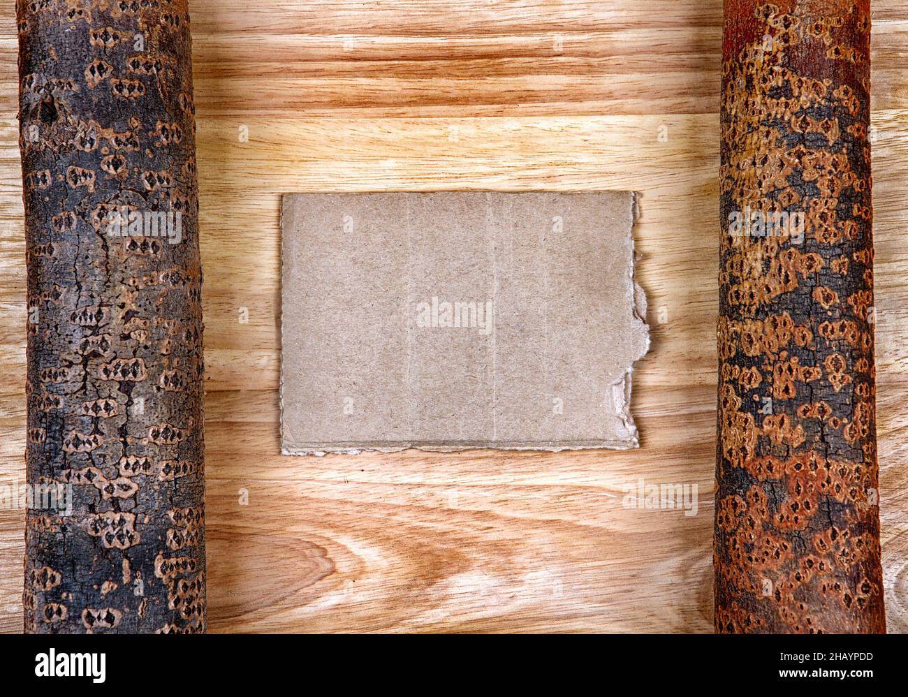 Two logs on the Wooden background and Empty Paper Stock Photo - Alamy