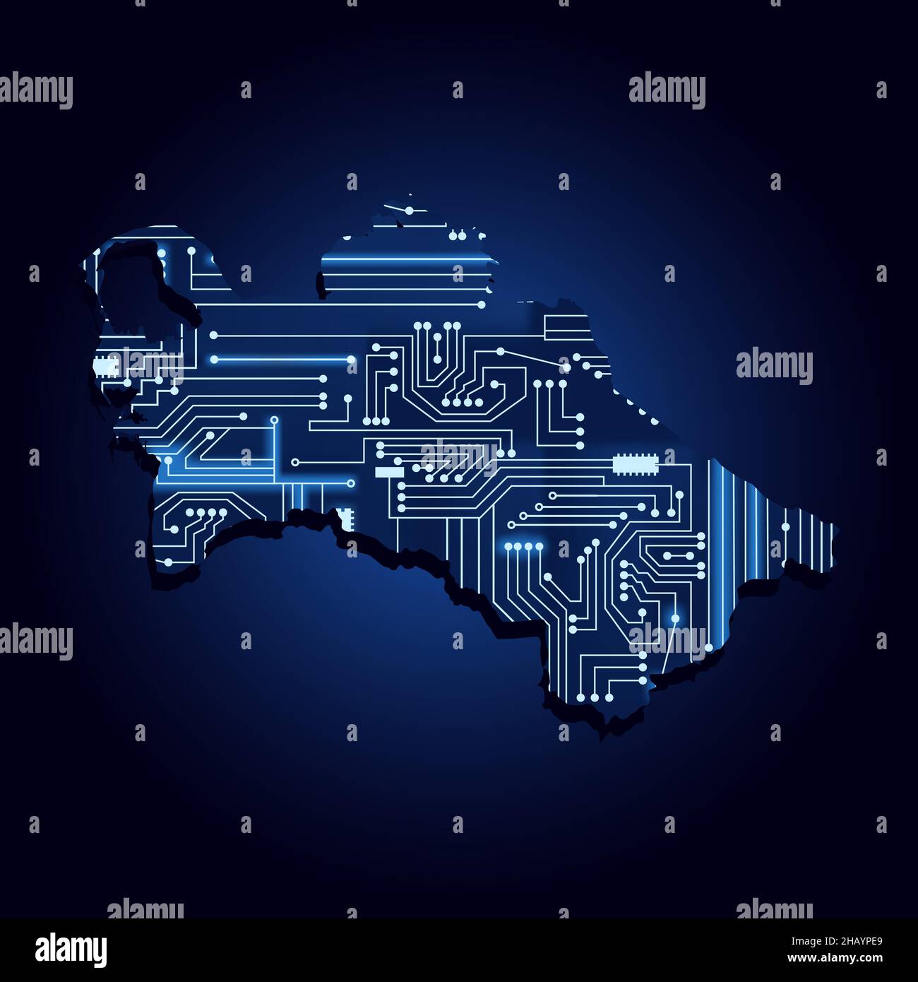 Contour map of Turkmenistan with a technological electronics circuit ...